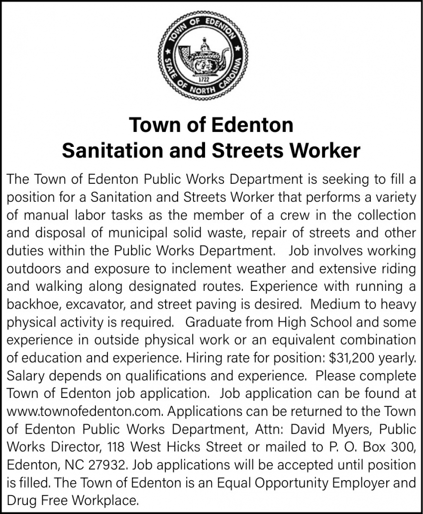 Sanitation and Streets Worker, Town Of Edenton, Edenton, NC