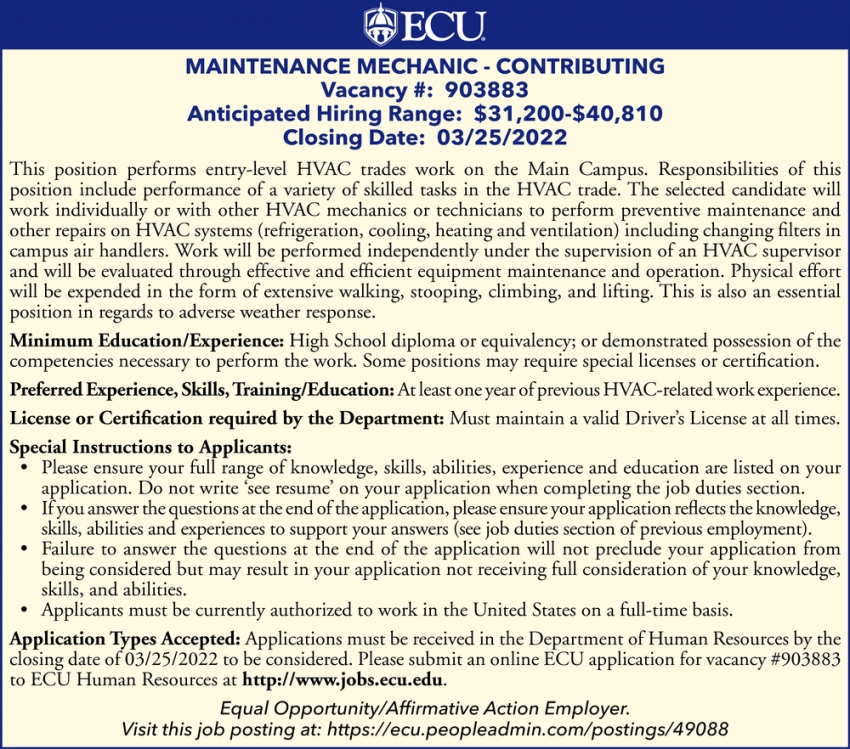 Maintenance Mechanic, East Carolina University, Greenville, NC